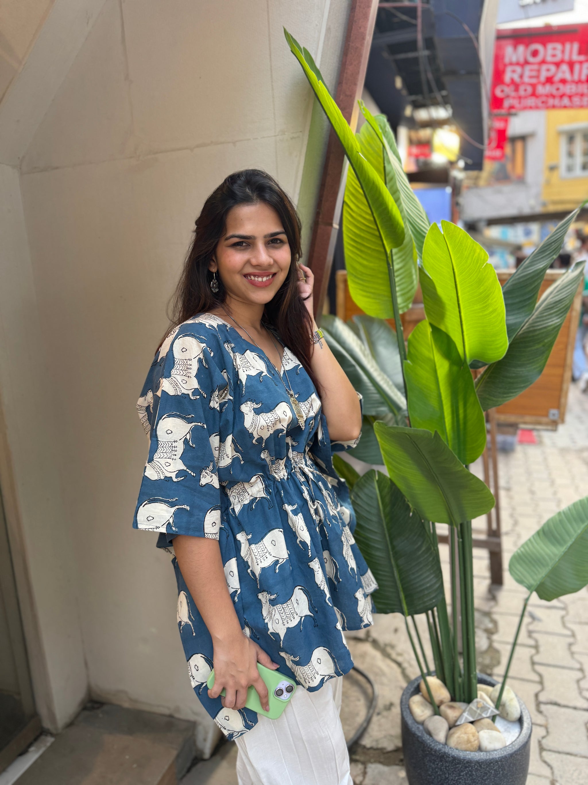 Nandi Hand Block Print Cotton Kaftan Top (BLUE)